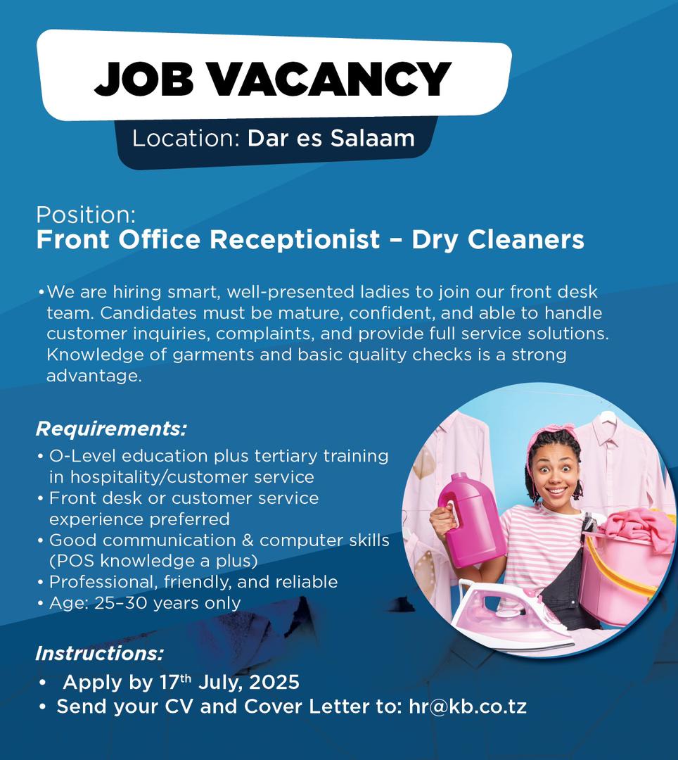 Front Office Receptionist - Dry Cleaners Job Opportunities at KB ...